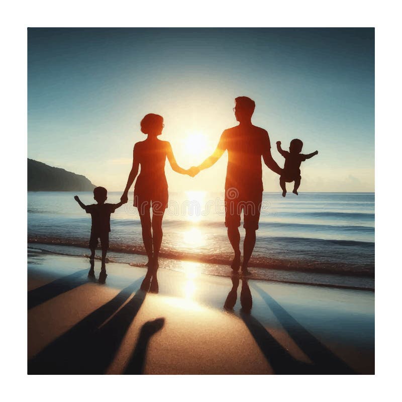 Happy Family Sign on the Beach Silhouette Stock Vector - Illustration ...