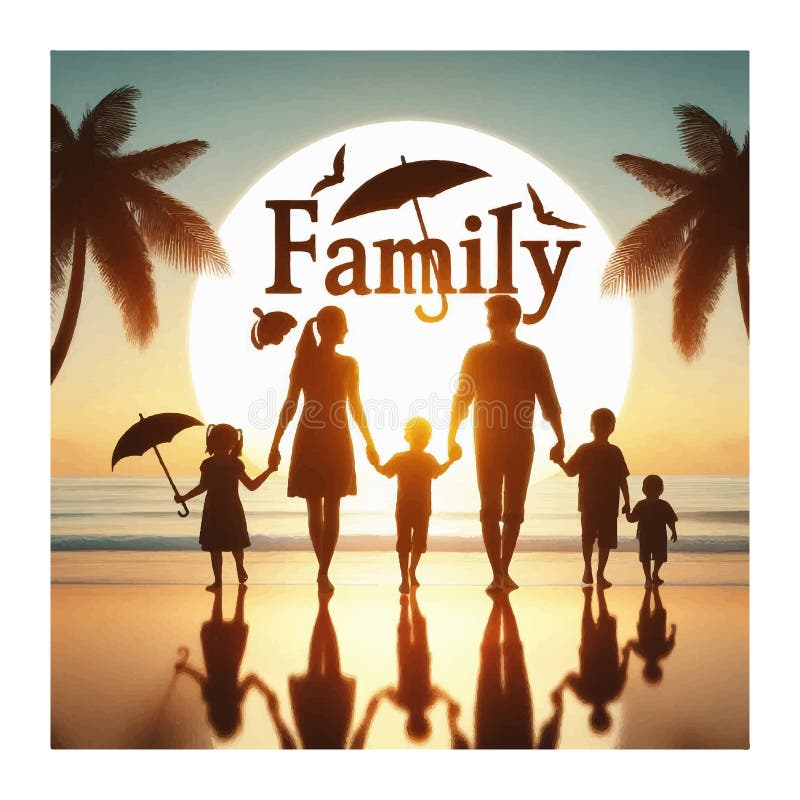 Happy Family Sign on the Beach Silhouette Stock Vector - Illustration ...