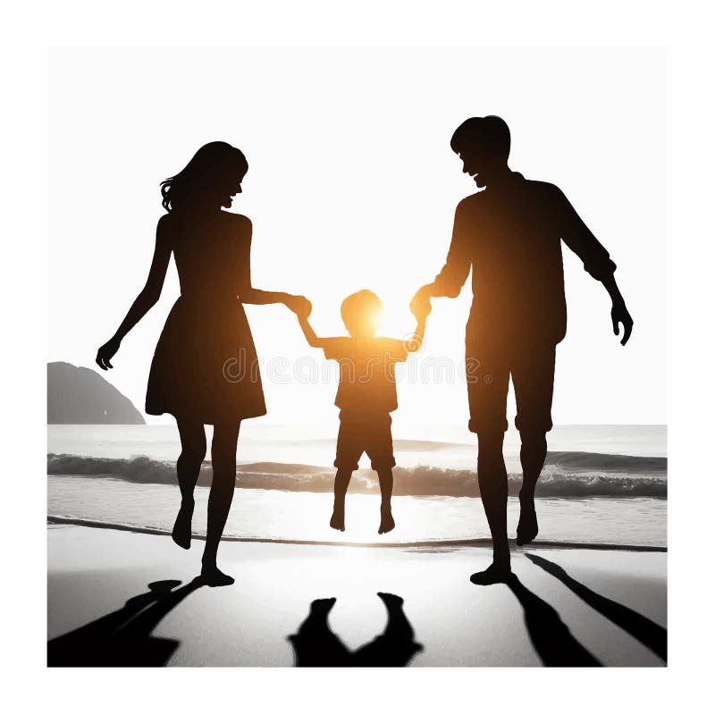 Happy Family Sign on the Beach Silhouette Stock Vector - Illustration ...