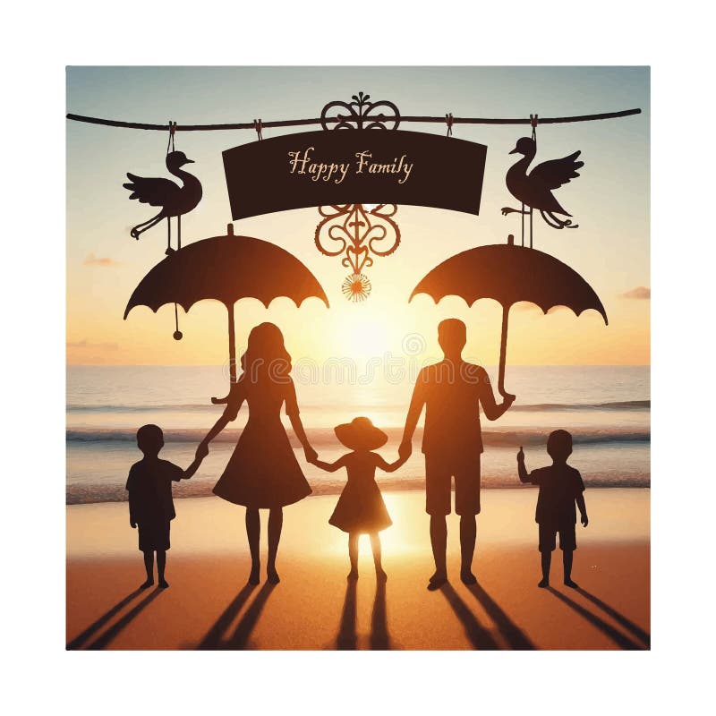 Happy Family Sign on the Beach Silhouette Stock Vector - Illustration ...