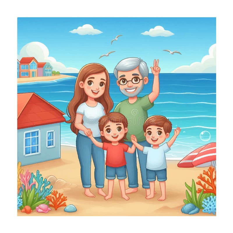 Happy Family Sign on the Beach Silhouette Stock Vector - Illustration ...