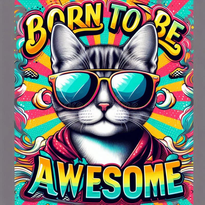 Cat Poster Design with the Words Born To Be Awesome, Graffiti Stock ...