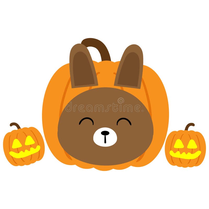 Illustration with Cute Halloween Pumpkins and Handwritten Brown Rabbits ...