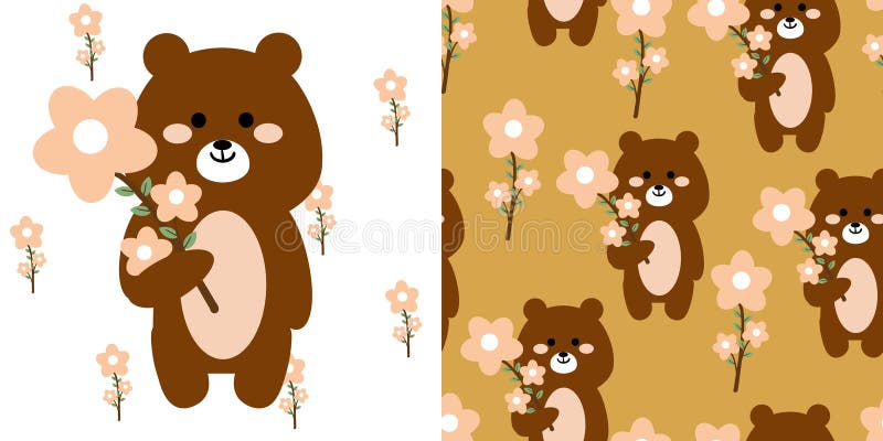 Cards and Patterns of Cartoon Brown Bears and Flowers Stock Vector ...