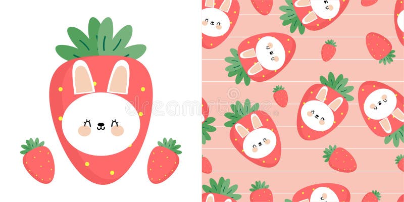 Cartoon Rabbit Card and Pattern with Strawberry Fruit Stock Vector ...