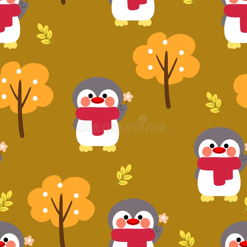 Seamless Pattern Cartoon Penguin with Autumn Vibes. Cute Autumn Fall ...