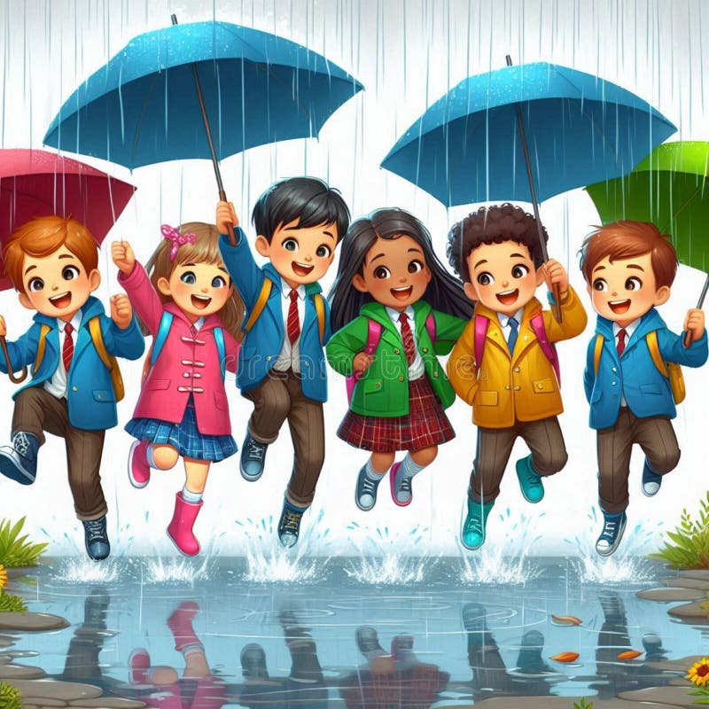 Vector Design of Children Playing Together when it Rains Wearing ...