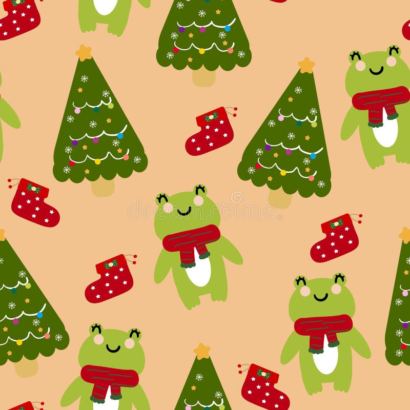 Seamless Pattern Cartoon Frog with Christmas Tree. Cute Christmas and ...