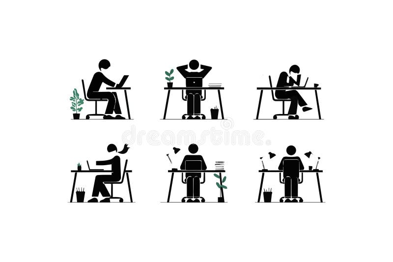 Six Black Silhouette Illustrations of People Working at Desks. Stock Vector - Illustration of ...