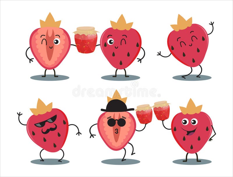 Strawberry Cartoon Cute Smiling Cool Character Set Illustration Stock ...
