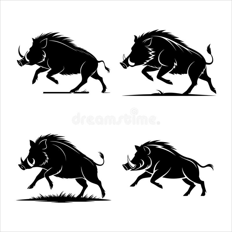 Wild Boar Charging Silhouettes in Black Color Bold Simple and Cleaner ...