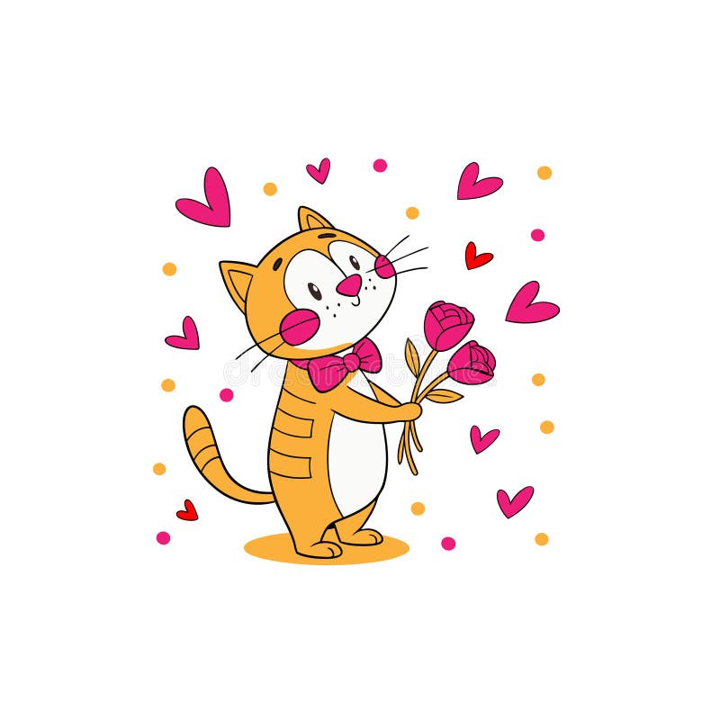 Adorable Cartoon Cat with Heart-Shaped Love Roses Stock Vector ...