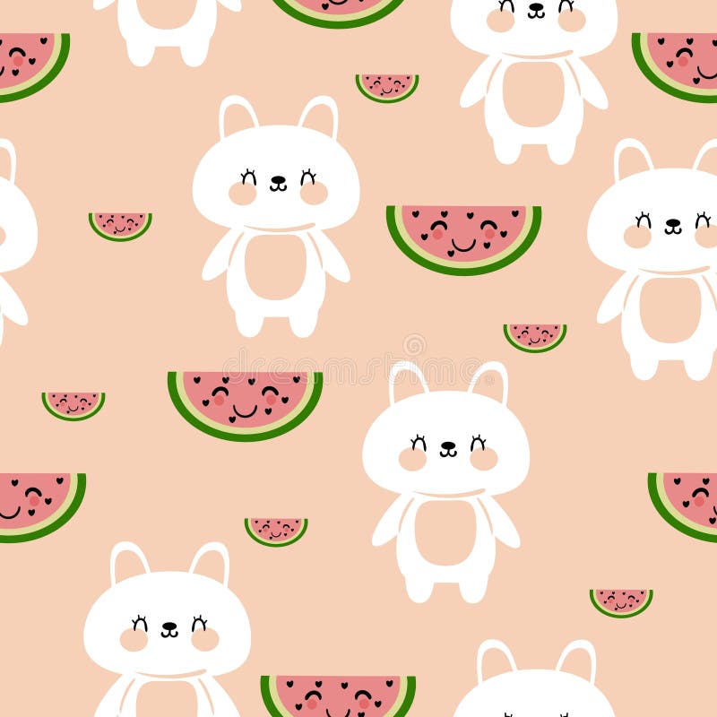 Seamless Pattern Cute Cartoon White Bunny and Watermelon. Animal ...