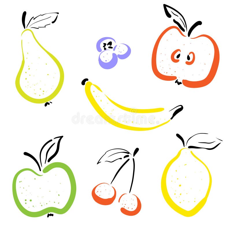 Set of Abstract Berries and Fruits Drawing in Sketch Style. Stock ...