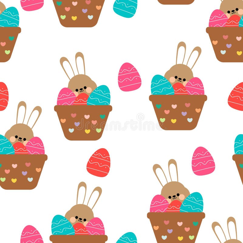 Seamless Pattern Cute Cartoon Bunny with Egg Basket. Cute Easter ...