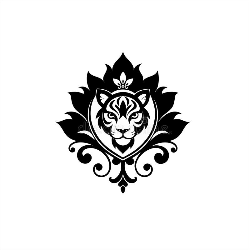 Black and White Tiger Head Emblem with Floral and Decorative Elements ...
