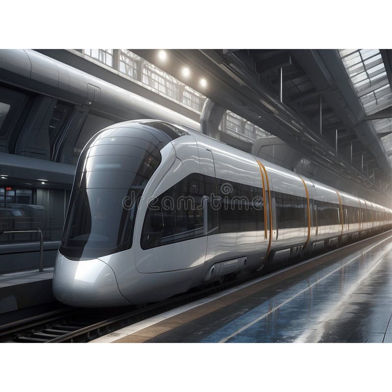 Futuristic Cityscape with a Sleek High Speed Train Traveling on Raised ...