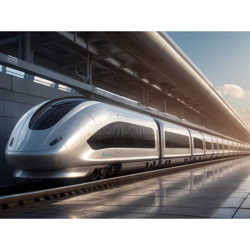 Futuristic Cityscape with a Sleek High Speed Train Traveling on Raised ...