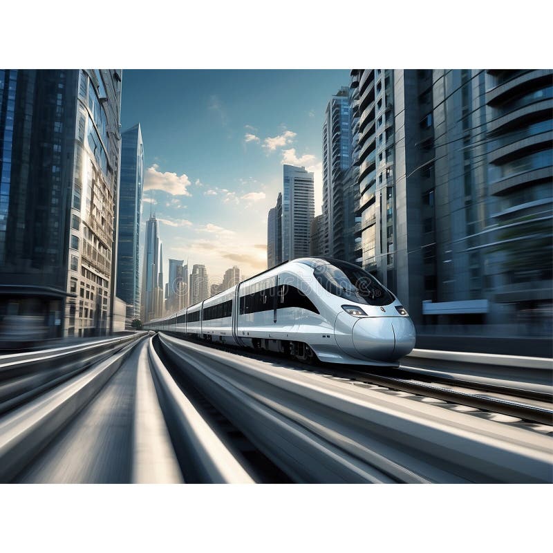 Futuristic Cityscape with a Sleek High Speed Train Traveling on Raised ...