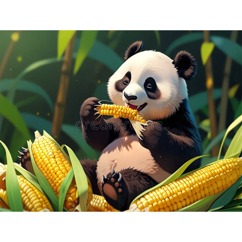 A Cute Panda (Ailuropoda Melanoleuca) is Sitting among Stalks of Corn ...