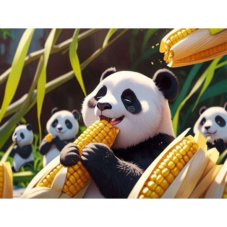 Animated Pandas Joyfully Eat Corn in a Lush Setting Stock Illustration ...