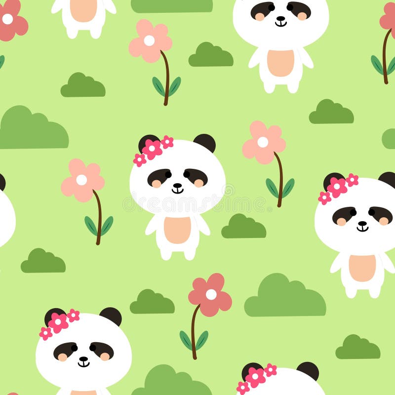 Seamless Pattern Cartoon Panda and Flowers. Cute Animal Wallpaper for ...