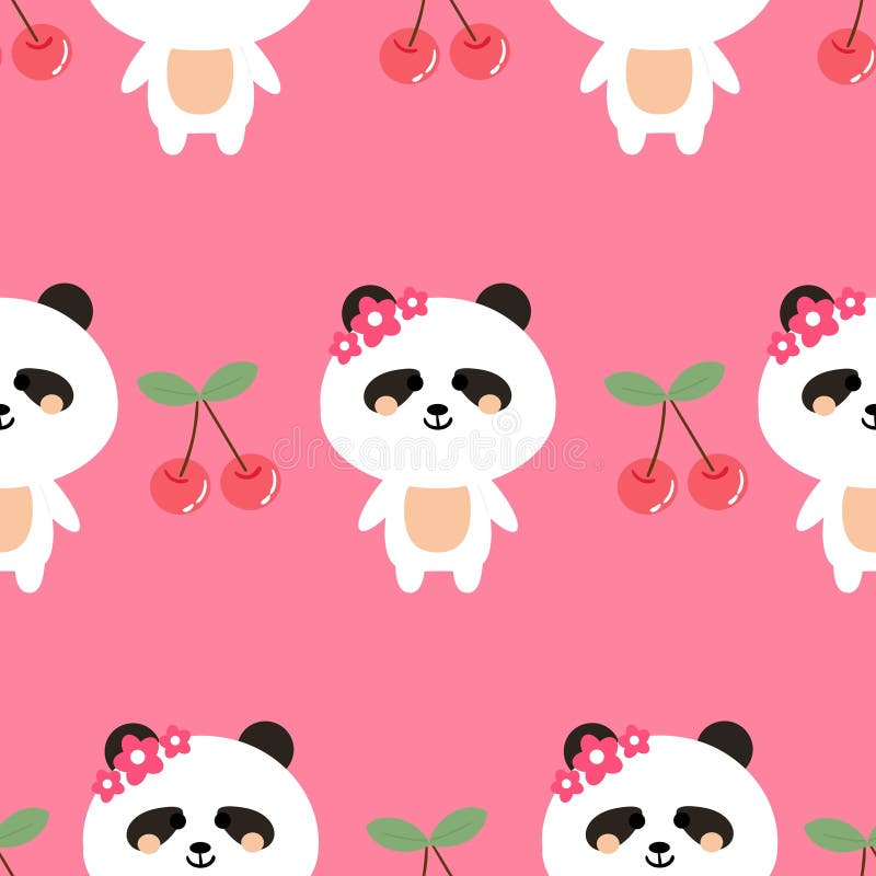 Seamless Pattern Cartoon Panda and Cherry. Cute Animal Wallpaper for ...