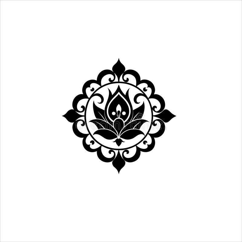Black and White Lotus Flower Design with Decorative Border in a Circle ...