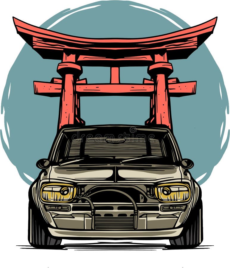 Retro JDM Car Illustration with Japanese Torii Gate Stock Vector ...