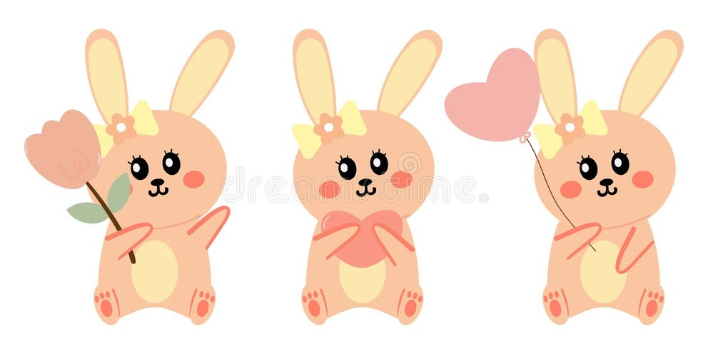 Hand Drawing Cartoon Bunny with Cute Bunny Holding Balloons, Pink ...