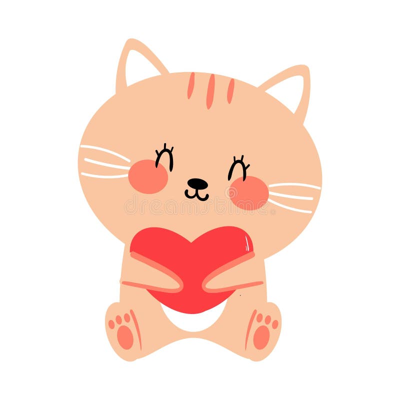 Cute Drawing Cartoon Cute Cat Hugging Pink Heart. Cute Animal Stock ...