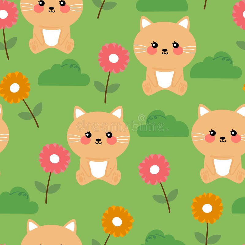 Seamless Pattern Cute Cartoon Kitty and Flowers Spring. Cute Animal ...