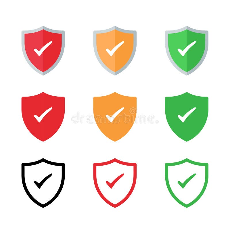 Shield Check Mark Icon Set. Protection Approve Sign Stock Vector - Illustration of silver ...