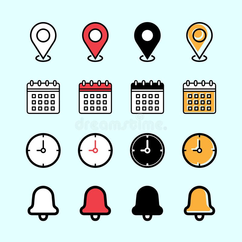 Date, Time, Address and Notification Bell Icon Set. Business Calendar ...