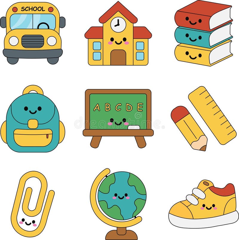 Cute School Supplies and Objects with Smiling Faces Stock Vector ...