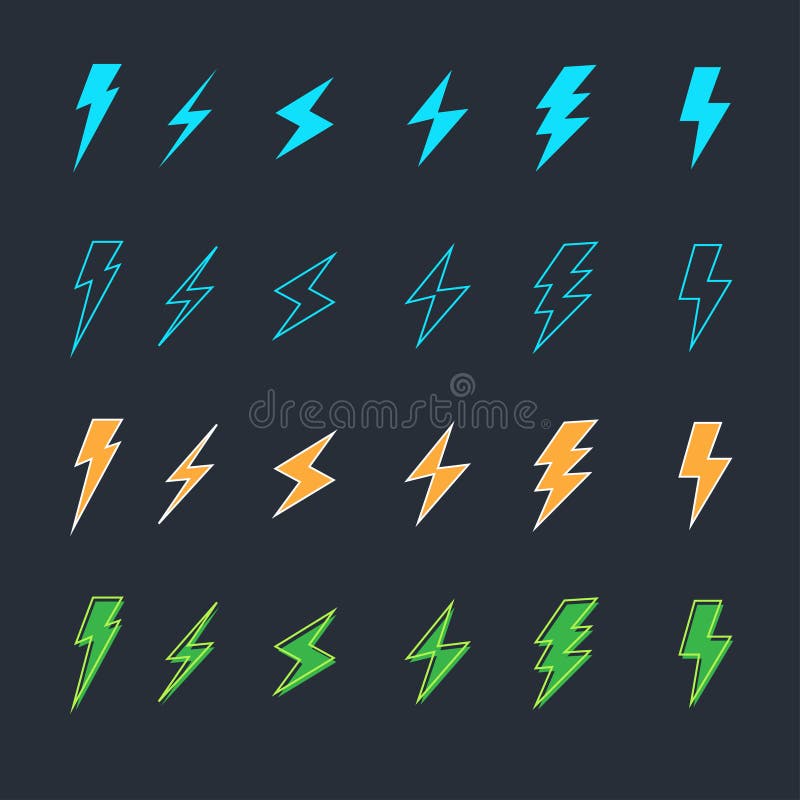 Flat Flash Thunder Power Icon Set Lightning Bolt Icon with Thunderbolt Electric Power Symbol ...