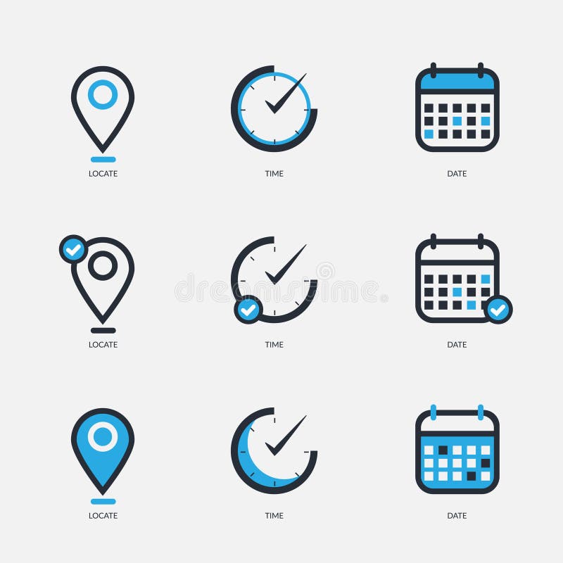 Date Time Location Icon Set. Even the Element Symbol Designs are Black and Blue Stock Vector ...