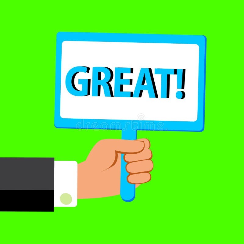 Cartoon Vector Illustration of Hand Holding Plate with Word GREAT Stock ...