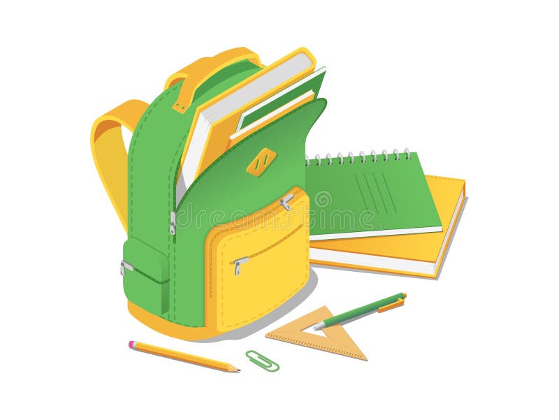 School Bag with Book and Notebook and School Supplies in Isometric ...