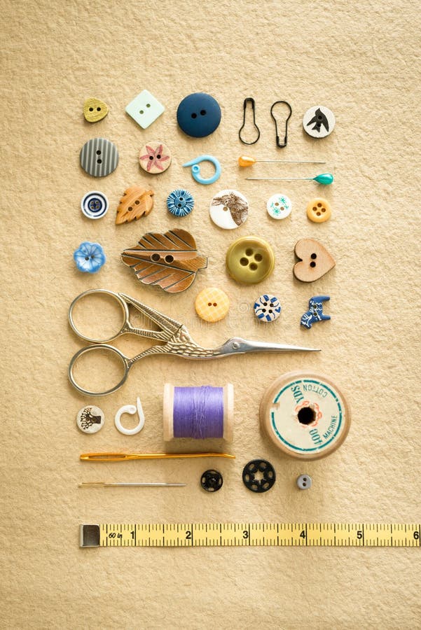Basic Sewing Tools, Buttons, and Tape Measure Stock Photo - Image of ...
