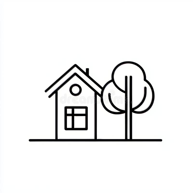 A Basic Sketch of a House beside a Tree, Highlighting a Minimalist and ...