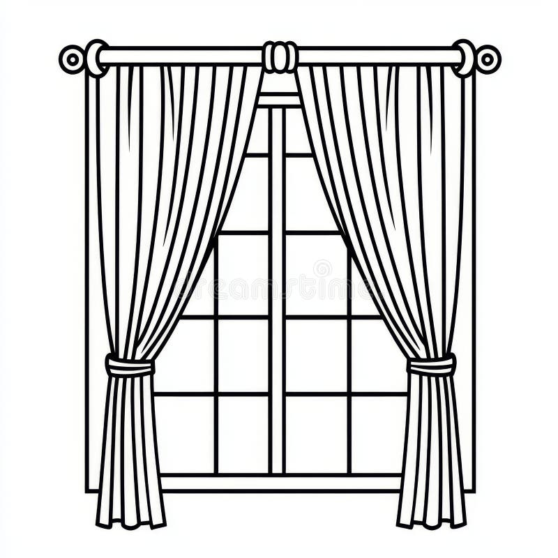 A Basic Sketch of a Window Featuring Stylish Curtains Pulled Aside ...