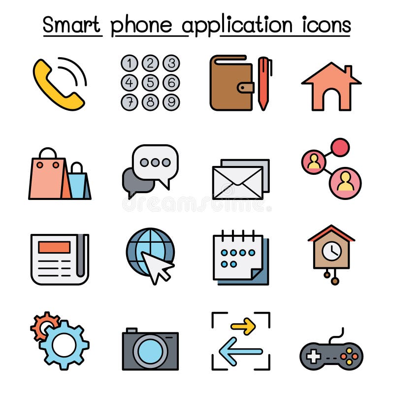 Basic Smart Phone Application Color Line Icon Set Stock Vector ...