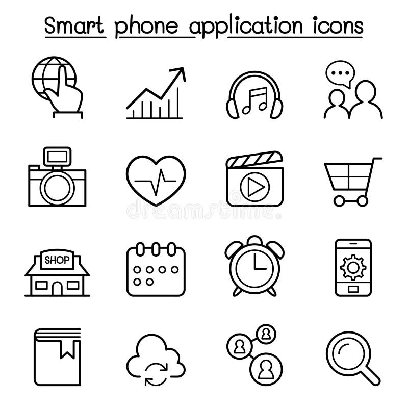 Basic Smart Phone Application Icon Set in Thin Line Style Stock Vector ...