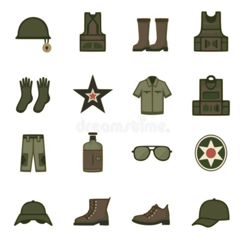 Basic Soldier Gear and Uniform Flat Icon Set Basic Soldier Gear and Apparel Stock Illustration ...