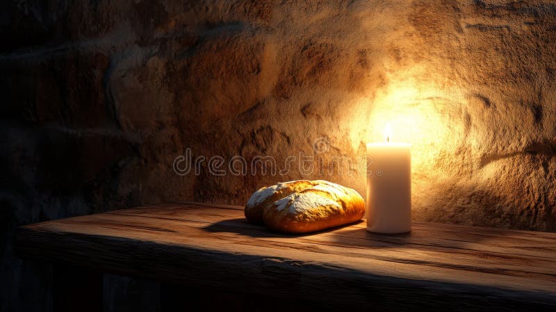 A Basic Still Life Featuring a Loaf of Bread and a Lit Candle on a ...