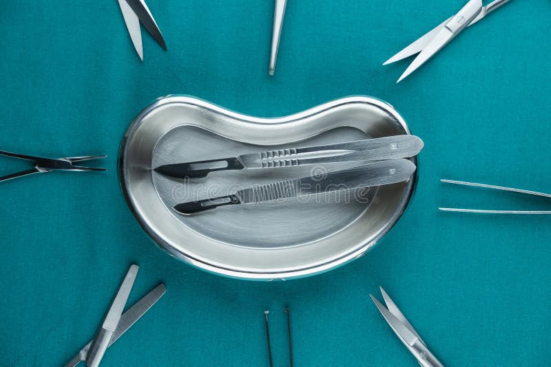 Basic Surgical Instrument Scalpel Forceps Tweezers Scissors Spread on ...