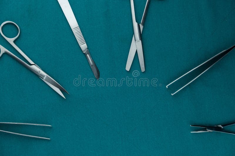 Basic Surgical Instrument Scalpel Forceps Tweezers Scissors Spread on ...