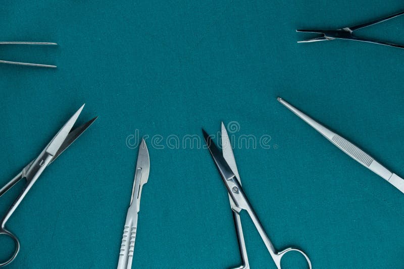Basic Surgical Instrument Scalpel Forceps Tweezers Scissors Spread On ...