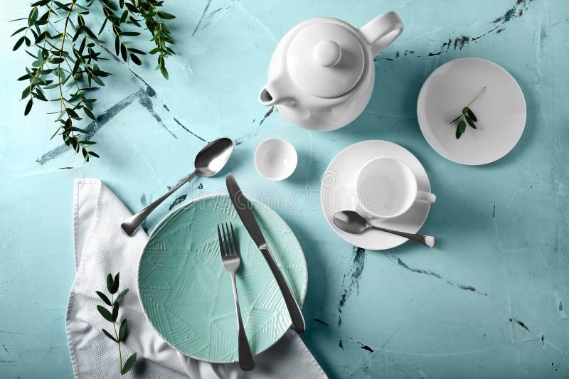 Simple Table Setting on Color Background Stock Image - Image of ...